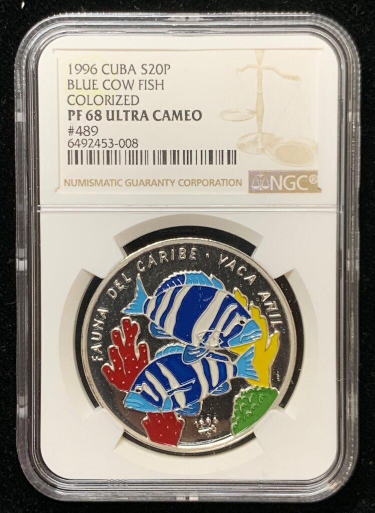 1996 Cuba 20 Pesos Blue Cow Fish Colorized NGC PF 68 UC - Coinacopia